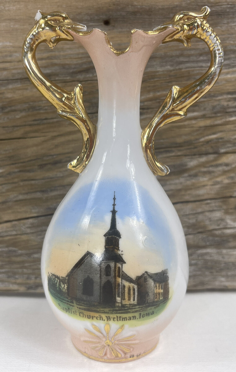 Wellman IA Baptist Church Souvenir Vase Porcelain Dresden Handles
