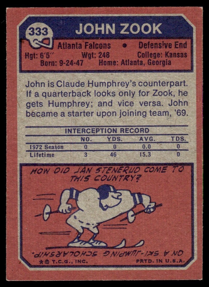 1973 Topps John Zook Atlanta Falcons #333 | eBay