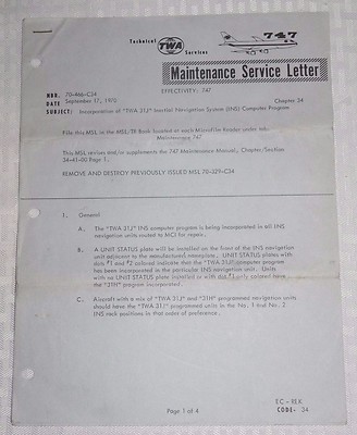 TWA Maintenance Service Letters Boeing 747 Set of 5 September 17 to 22 ...