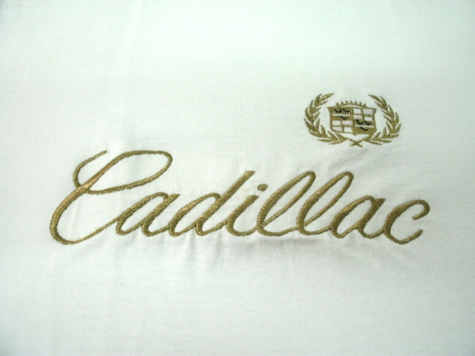 Vtg CADILLAC Logo Shirt- Gold Script Embroidered /Wreath/Crest--White ...