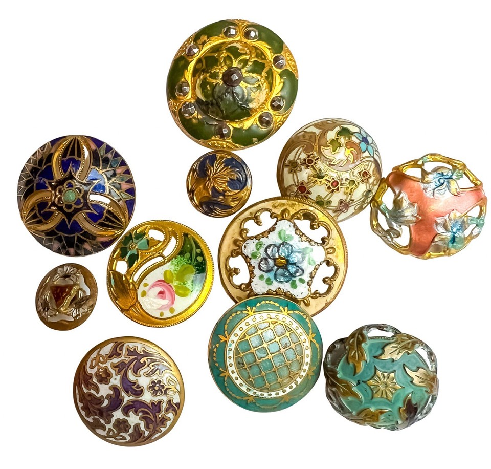 Gorgeous! Collection Of Antique Enamel Buttons Florals Cut Out Steel ...
