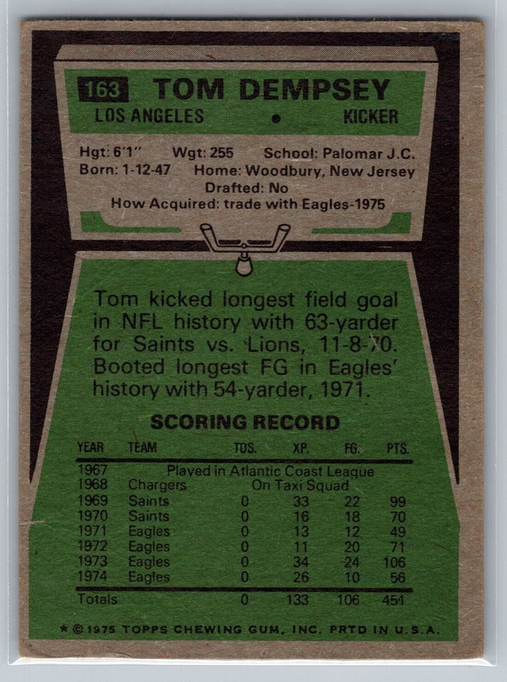 Tom Dempsey 1975 Topps #163 Los Angeles Rams | eBay