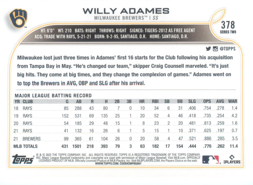 Willy Adames 2022 Topps Series 2 Baseball Card #378 Milwaukee Brewers ...