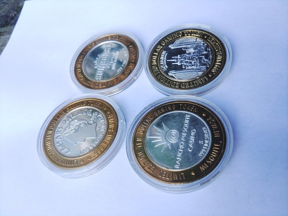 Lot Of 4 1990s Las Vegas $10 .999 Silver Slot Tokens Caesars Suncoast ...