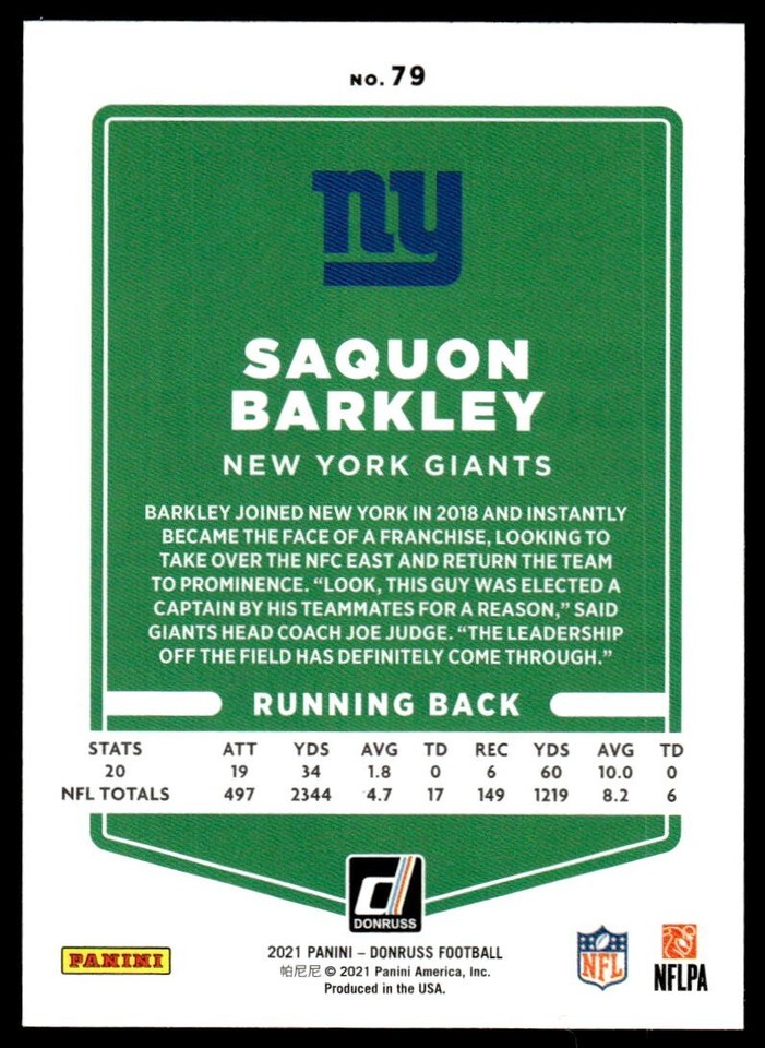 2021 Donruss Press Proof Blue 79 Saquon Barkley New York Giants color ...