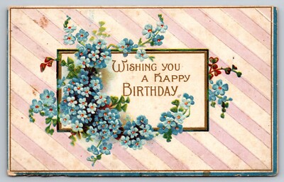 Postcard Wishing You A Happy Birthday Forget Me Not And Stripes c1910 ...