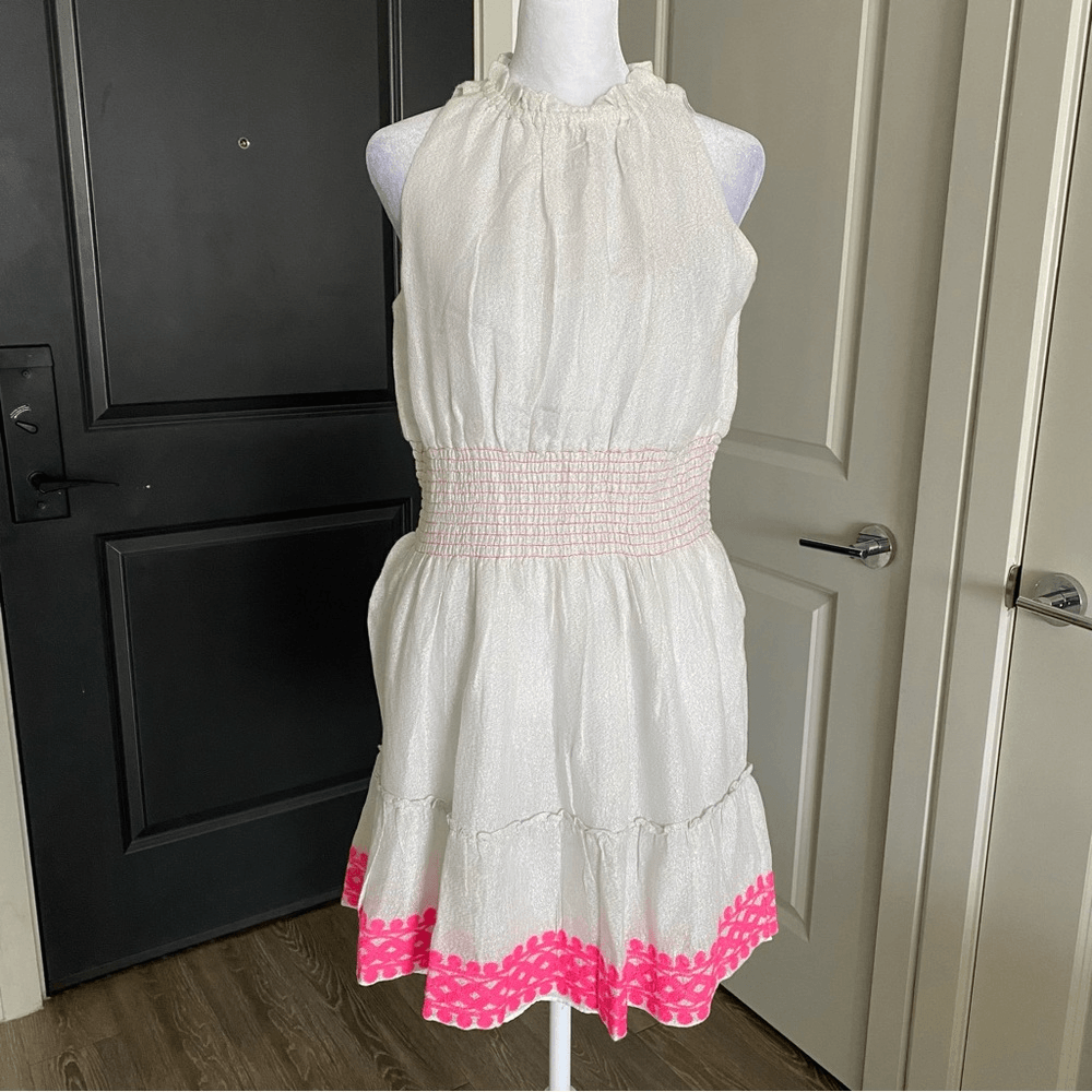 Sail to Sable Silver Metallic Sundress with Smocked Waist and Pink Trim ...