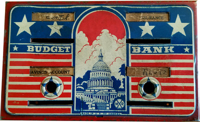 Vintage, MARX TOYS, Metal Red White and Blue Budget Bank/Piggy Bank for ...
