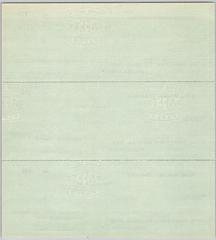 King Mining Company Wallace, ID Idaho First National Bank Check Sheet ...