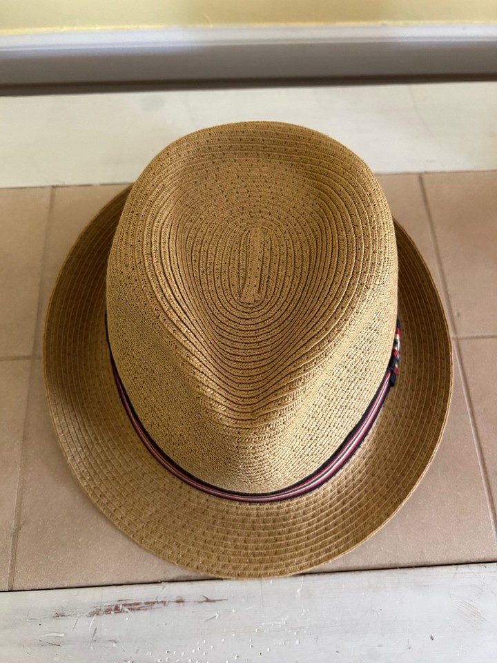 Pinch Front Straw Hat Fedora Teardrop/C-Crown with Striped Headband ...