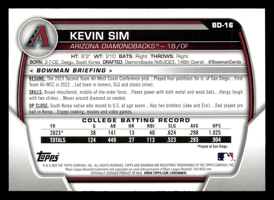 Kevin Sim 2023 1st Bowman Draft #BD-16 Arizona Diamondbacks ROOKIE RC ...