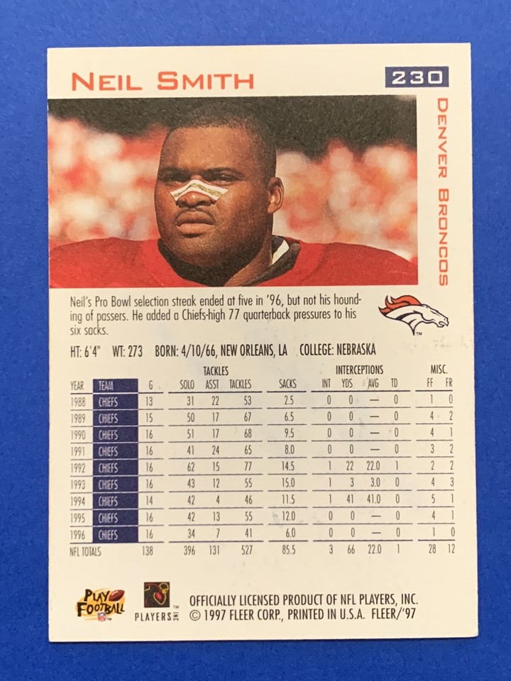 NEIL SMITH (Chiefs HOF) Signed 1997 Fleer #230 Broncos Nebraska ...