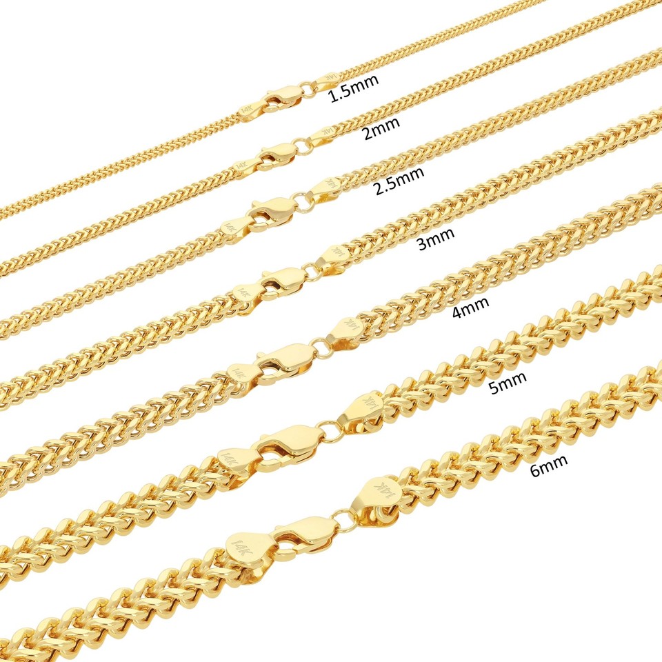 14K Yellow Gold 1.5mm-5mm Franco Square Box Chain Necklace Mens Womens ...
