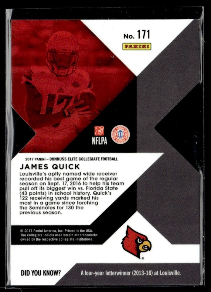 2017 Panini Elite Die-Cut James Quick Rookie 29/49 Louisville Cardinals ...