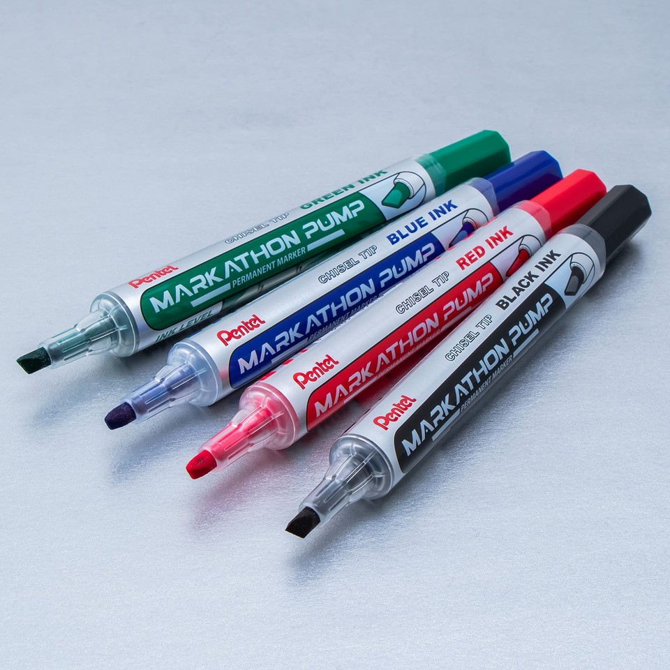 Pentel Markathon Pump Permanent Marker, Chisel Tip, Assorted Colors, 4 ...