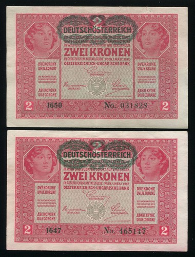 Austria - LOT SET 2 Banknotes - 1 Krone Korona 1916 P-20 HANDSTAMP (VG ...