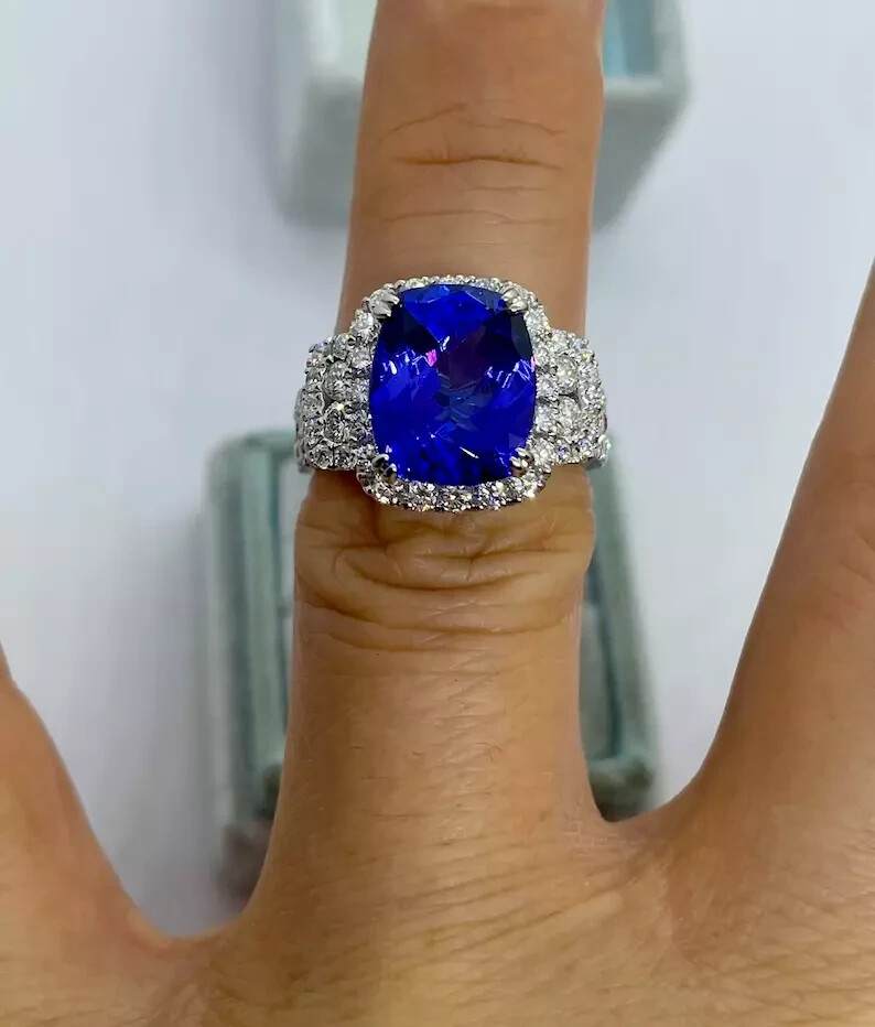 3Ct Cushion Cut Lab-Created Tanzanite Halo Engagement Ring 14K White ...