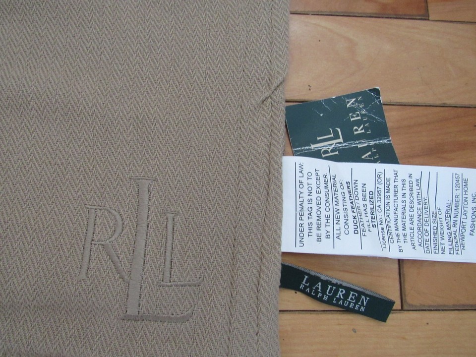 NWT RALPH LAUREN RLL EMBROIDERED LOGO TAUPE PILLOW COVER 26x26 COTTON ...
