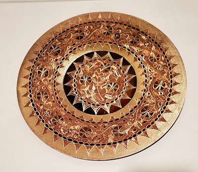 VINTAGE 13" BURNISHED MACHINED BRASS ENAMEL SOLID COPPER PLATE DISH ...