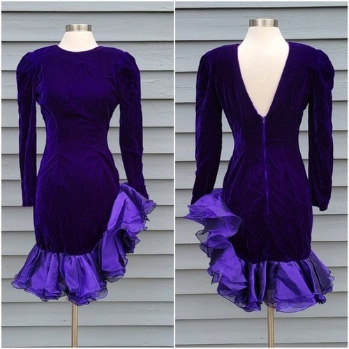 Vintage 80s Purple Velvet Velour Ruffle Latin Salsa Dancing Mini Dress ...