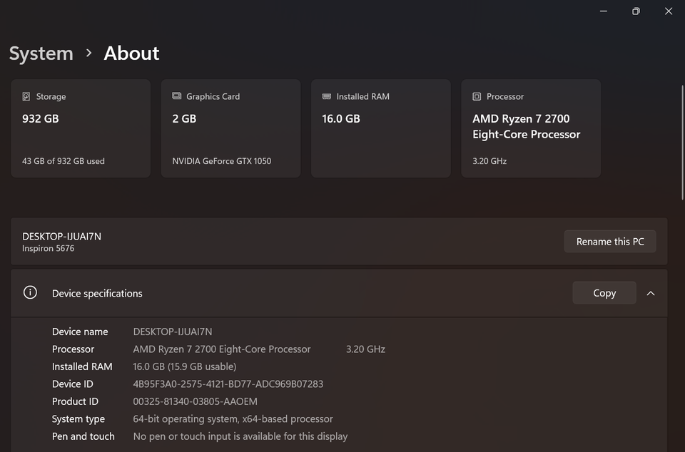 Dell Inspiron 5676, AMD Ryzen 7 2700 3.2GHz, NVIDIA GTX 1050, 16GB RAM ...