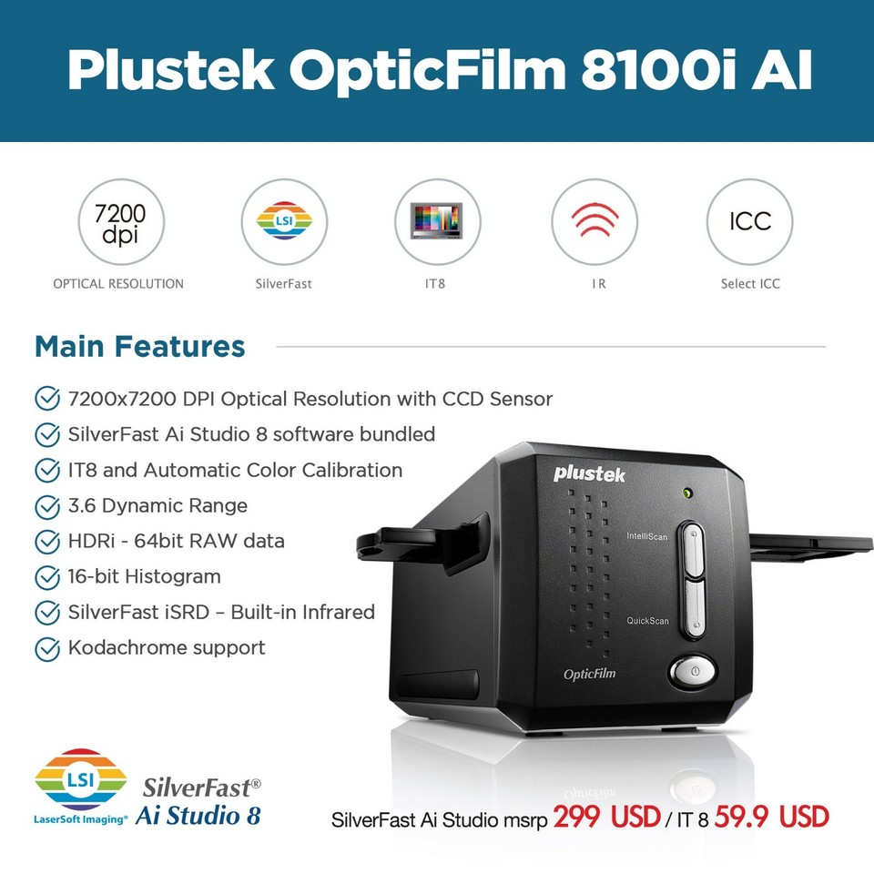 Plustek OpticFilm 8200i Ai Film Slides Scanner SilverFast Ai PC/Mac SEE ...
