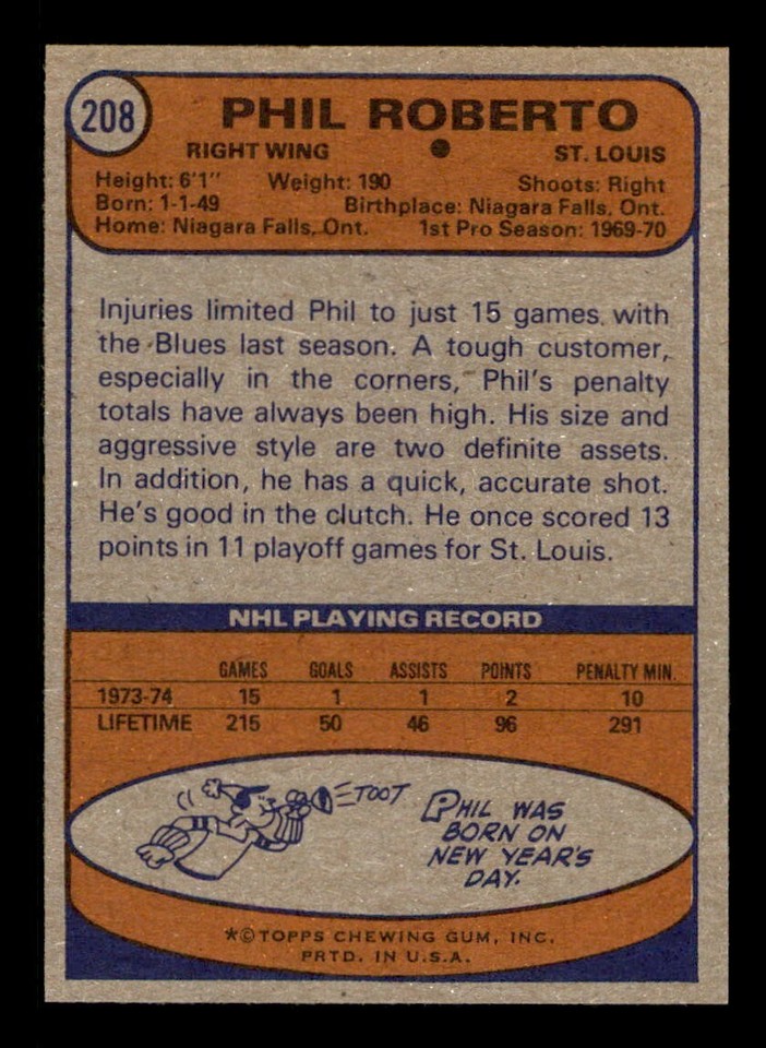 1974 Topps Hockey #208 Phil Roberto NM/MT | eBay