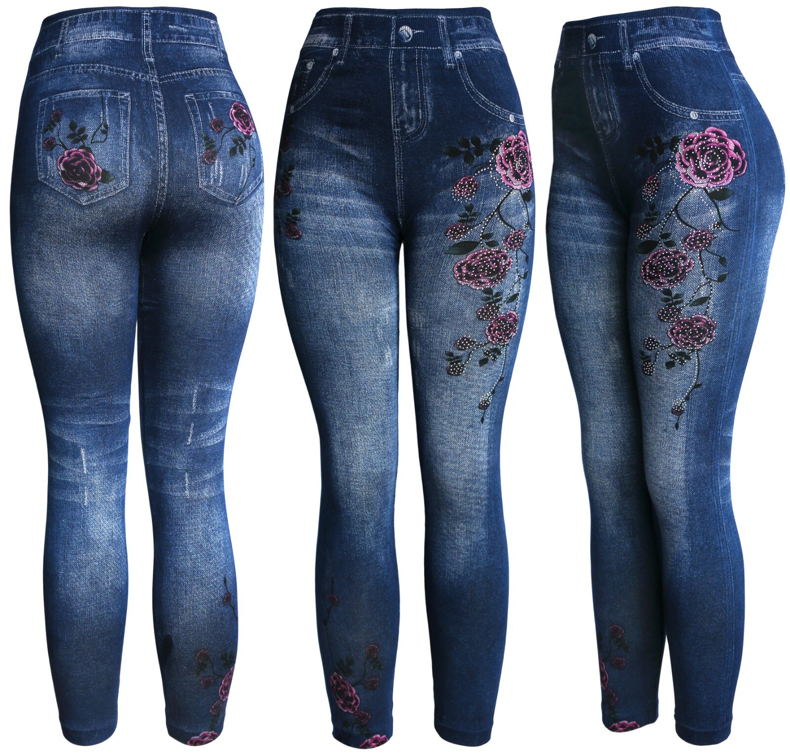 High Waist Women's Denim Print Fake Faux Jeans Leggings Pants | eBay