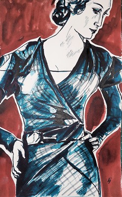 Künstler Zeichnung signiert 30er Jahre Vintage Mode Tusche Kleid Art ...