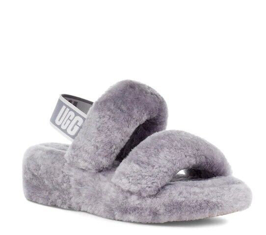 UGG Fluff Yeah Slingback Sandal Gray Logo Strap Shear… - Gem