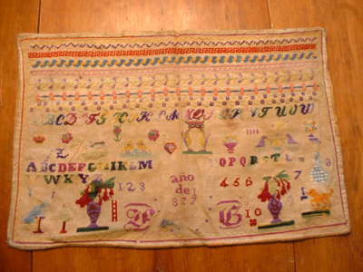 Wonderful 19ThC Needlepoint Sampler Dated 1877 W/Dog Birds Flowers Cat ...