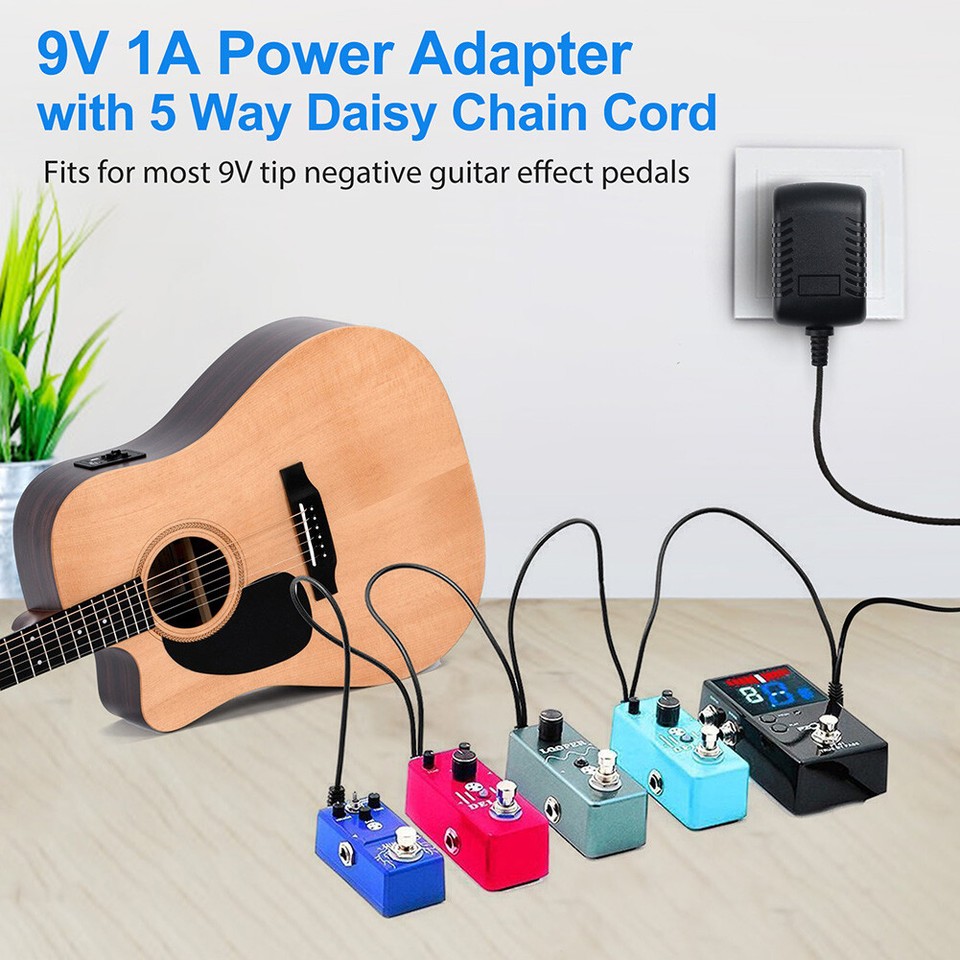 Guitar Pedal Power Supply Adapter US 9V 1A & 5 Way Splitter Cables for ...