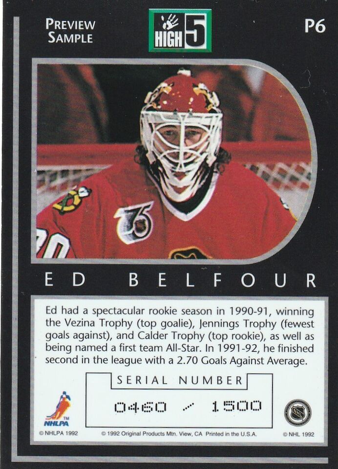 ED BELFOUR 1992 HIGH 5 AUTOGRAPH 460/1500 Preview Sample | eBay