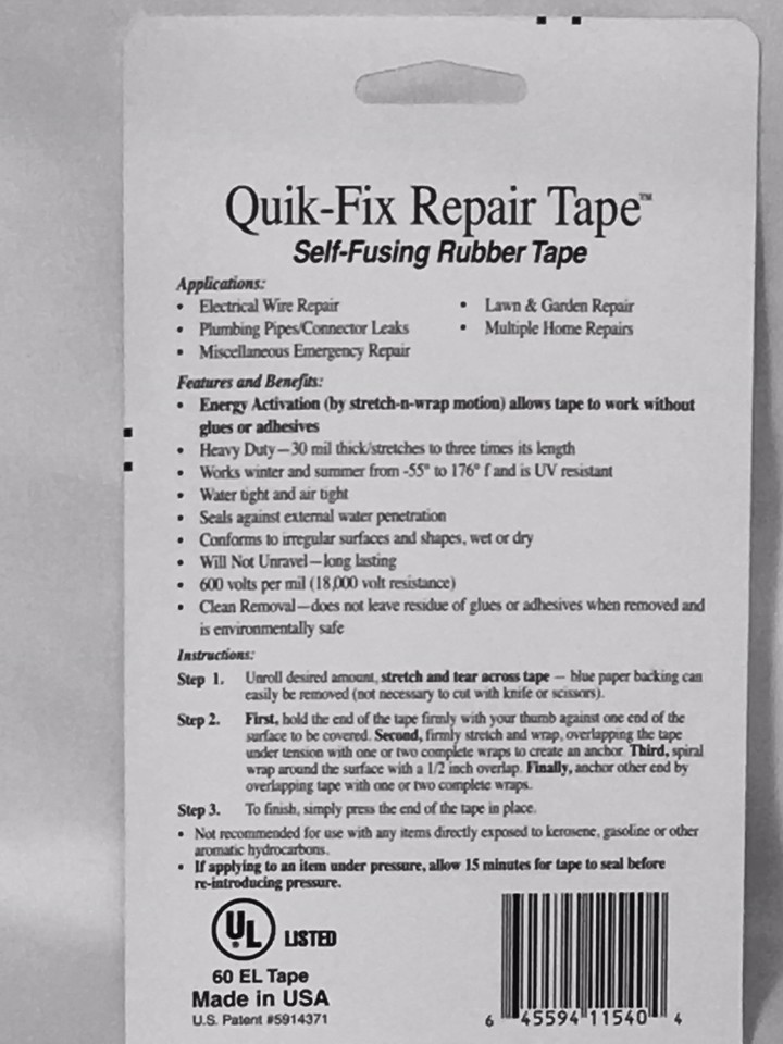 1" x 10' SealWrap Quik-fix Self-Fusing Rubber Repair Tape "Just Stretch ...