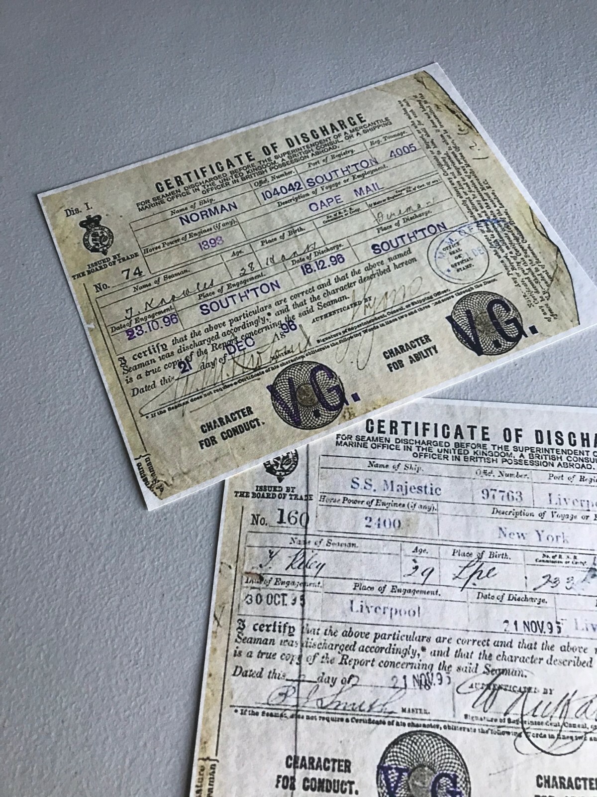 Seaman's Certificates of Discharge, RMS Titanic related, signed by EJ ...