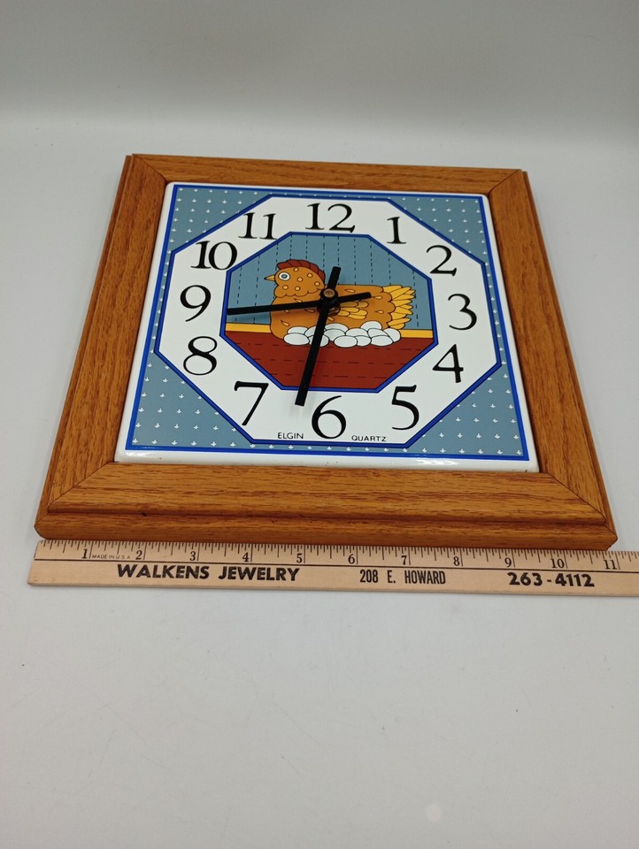 Vintage Elgin Quartz Metal Tile Wall Clock Chicken Hen and Eggs Tested ...
