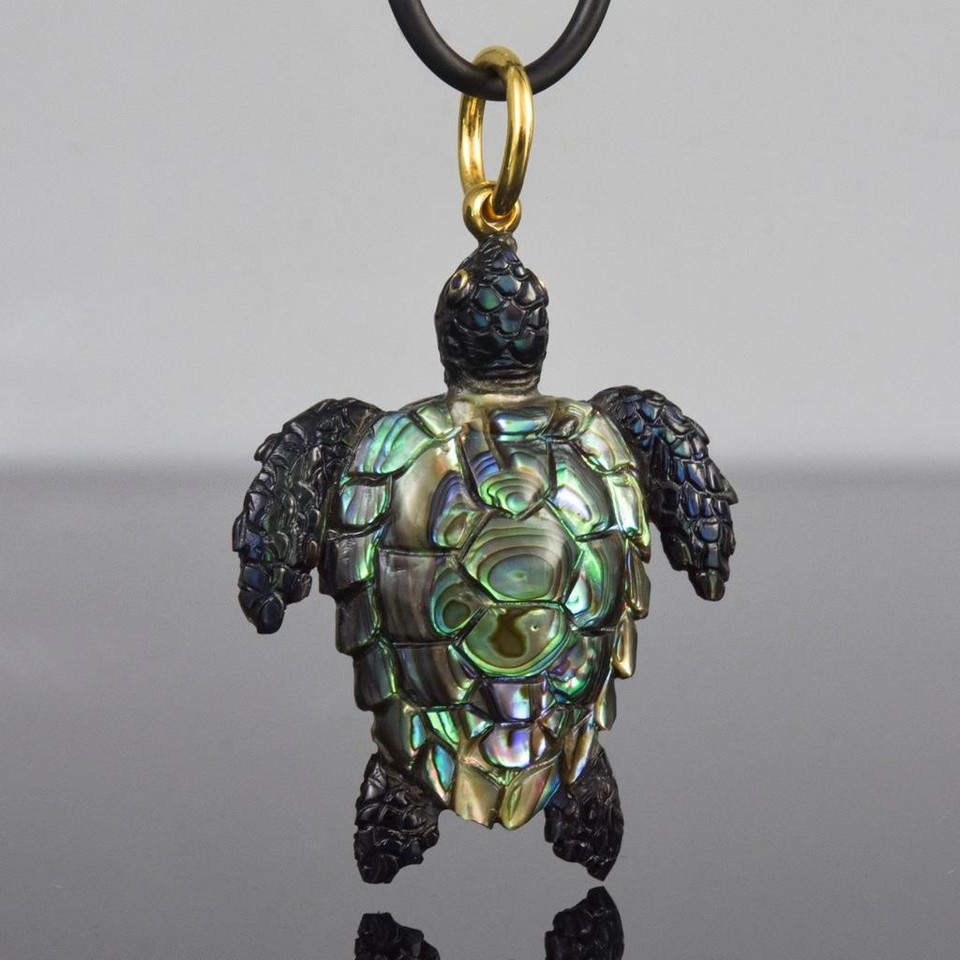 Sea Turtle Pendant Carved Abalone Shell Gold Vermeil Sterling Silver ...