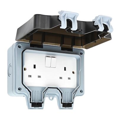 2 Gang Wall Mounted Outdoor Switched Socket Waterproof Garden Covered ...