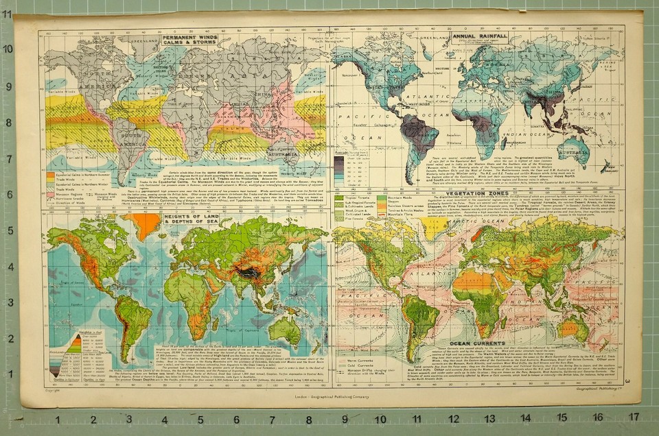 1909 Carte Monde Végétation Zones Annuel Pluviométrie Winds Calme ...
