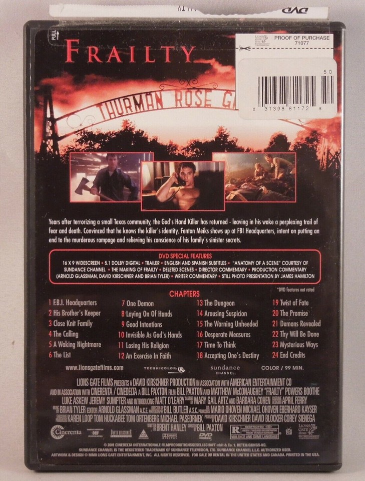 FRAILTY DVD Lions Gate Films 2001 Bill Paxton Matthew McConaughey ...