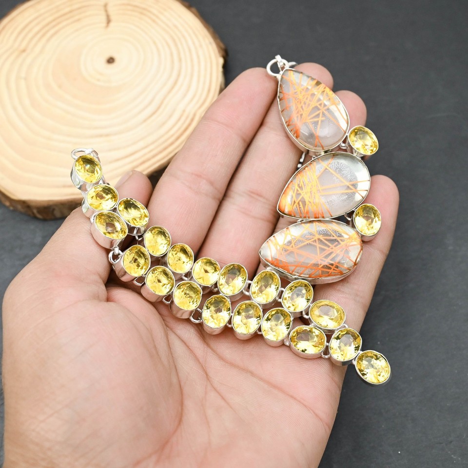 Golden Rutile Citrine Gemstone 925 Sterling Silver Jewelry Necklace 18 ...
