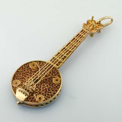 Rare Vintage 14K Gold Handmade Filigree Banjo Mandolin Musical Pendant ...