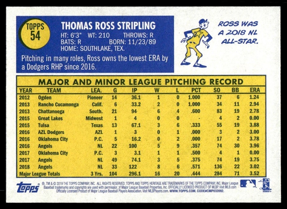 2019 Topps Heritage Baseball Ross Stripling Auto Los Angeles Dodgers ...