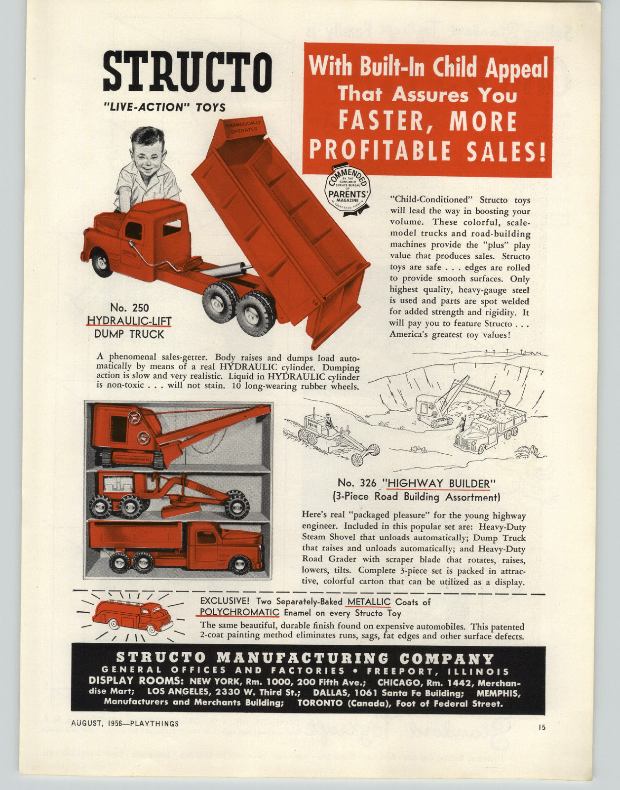 1956 PAPER AD Structo Toys Hydraulic Lift Dump Truck Road Scraper Crane ...