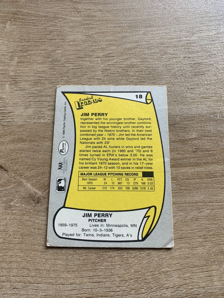 1988 Pacific Legends I #18 Jim Perry Twins Baseball Card | eBay