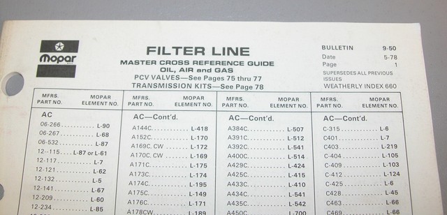 1978 Mopar Filter Line Master Cross Reference Guide Oil Air Gas 9-50 ...