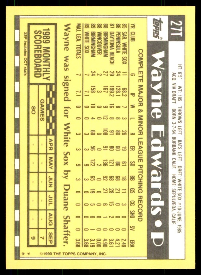 1990 Topps Traded Wayne Edwards Baseball Cards #27T | eBay