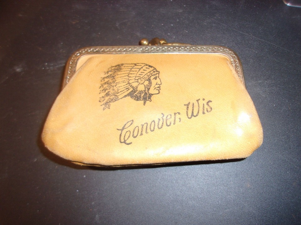 Vintage Conover Wi Souvenir pouch small Leather Coin Purse with Indian ...