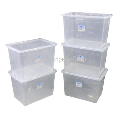 NEW Pack 5 British Made 75 Litre Clear Plastic Storage Boxes Box With ...