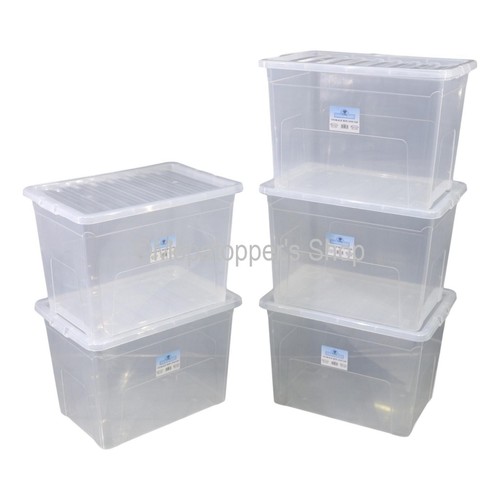 NEW Pack 5 British Made 75 Litre Clear Plastic Storage Boxes Box With ...